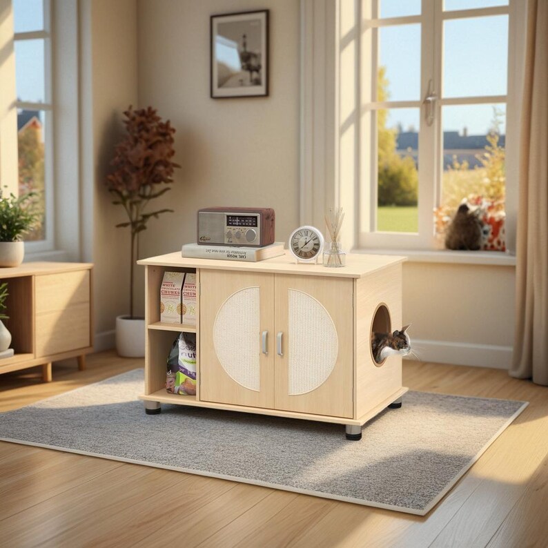Modern Boho Aesthetic Wooden Hidden Litter Box Cabinet Pet Furniture ...