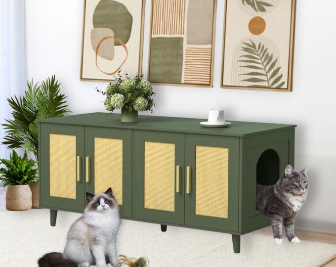 Boho Modern Hidden Cat Litter Box Furniture Cute Aesthetic Sage Green ...