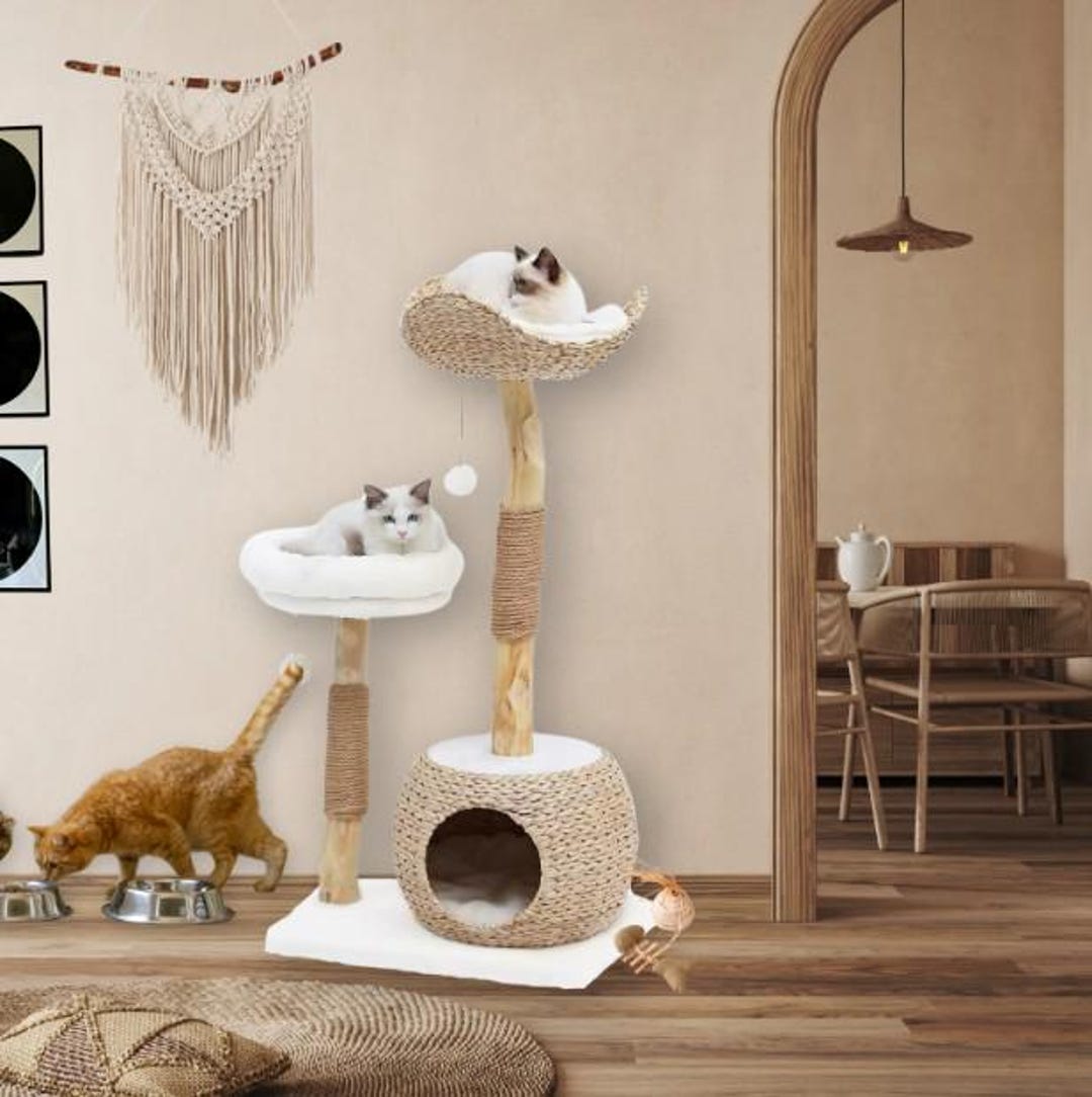 Boho Real Wood Cat Tree – Modern Cat Tower for Indoor Cats With Natural ...