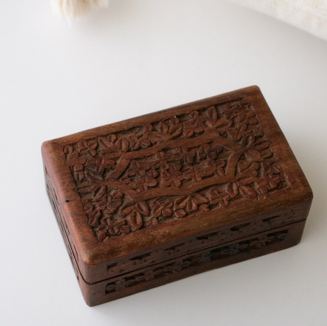 Vintage 6 Boho Carved Wood Box With Inlay/wooden/hinged Jewelry Box ...