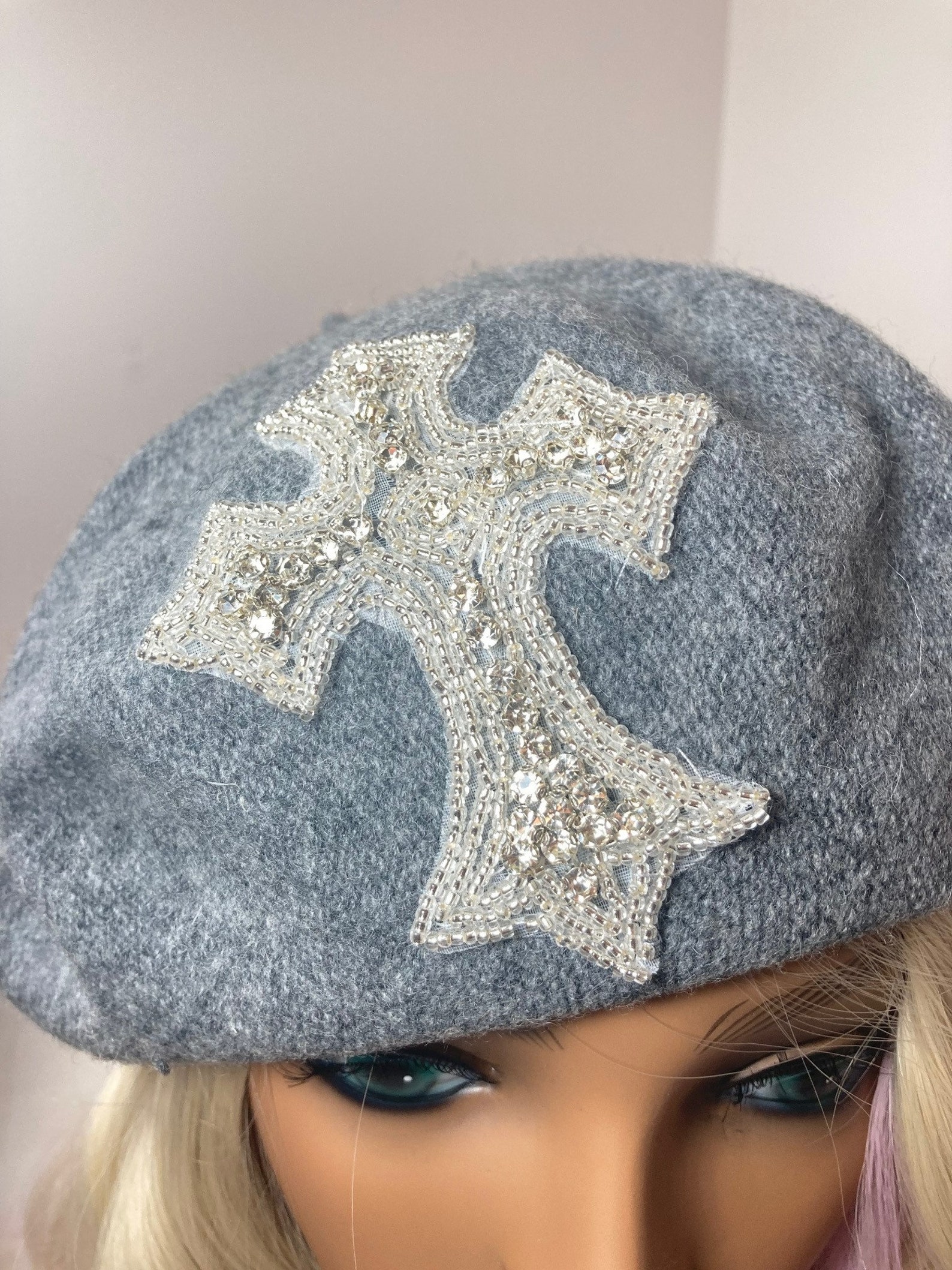 Gray Wool Beret Embellished With White Beaded Cross - Etsy
