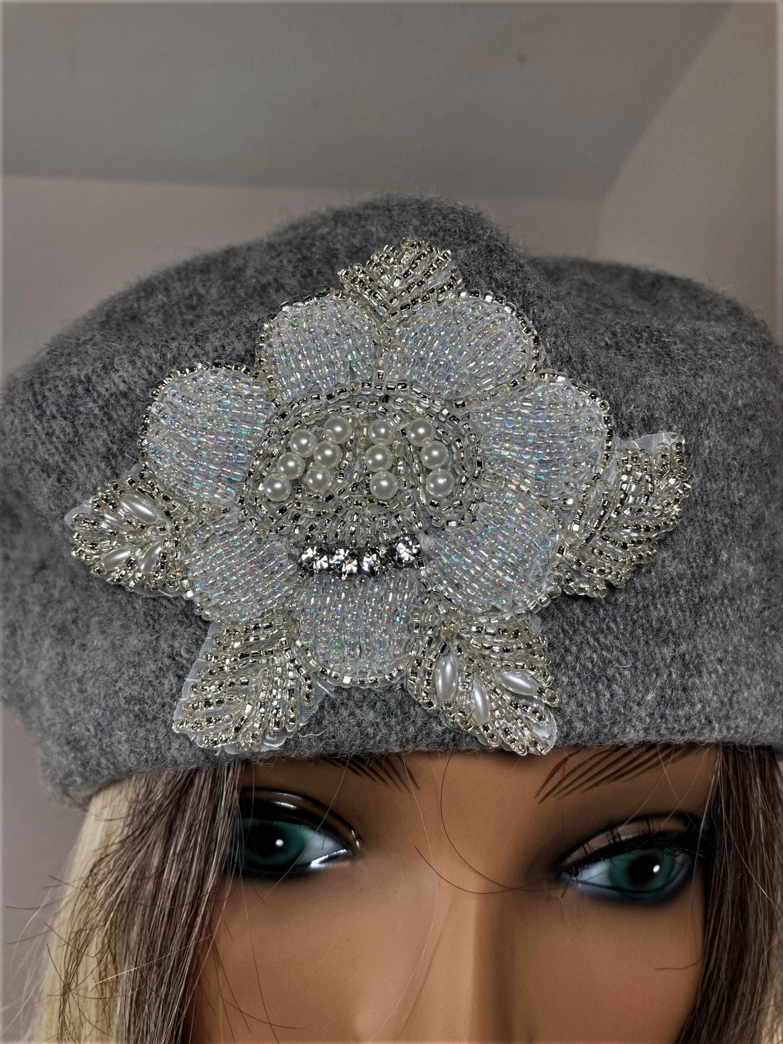Gray Beret With White Beaded and Jeweled Floral Applique - Etsy