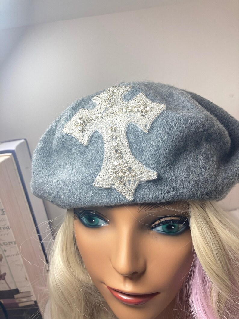 Gray Wool Beret Embellished With White Beaded Cross - Etsy