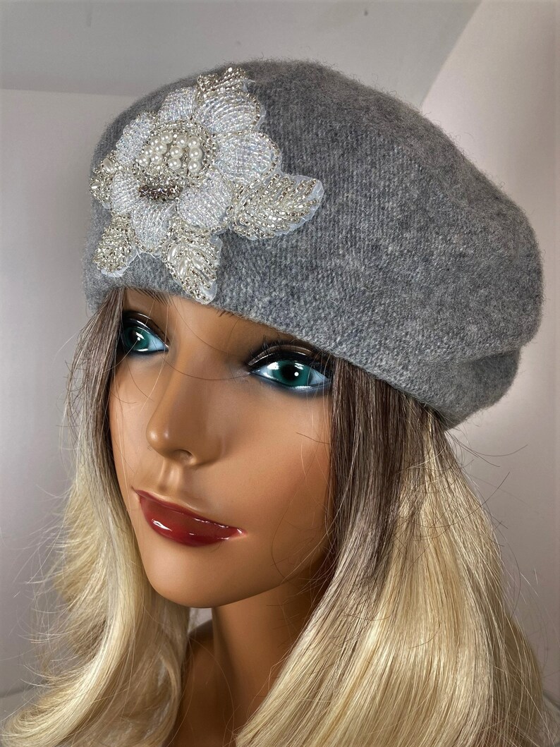 Gray Beret With White Beaded and Jeweled Floral Applique - Etsy