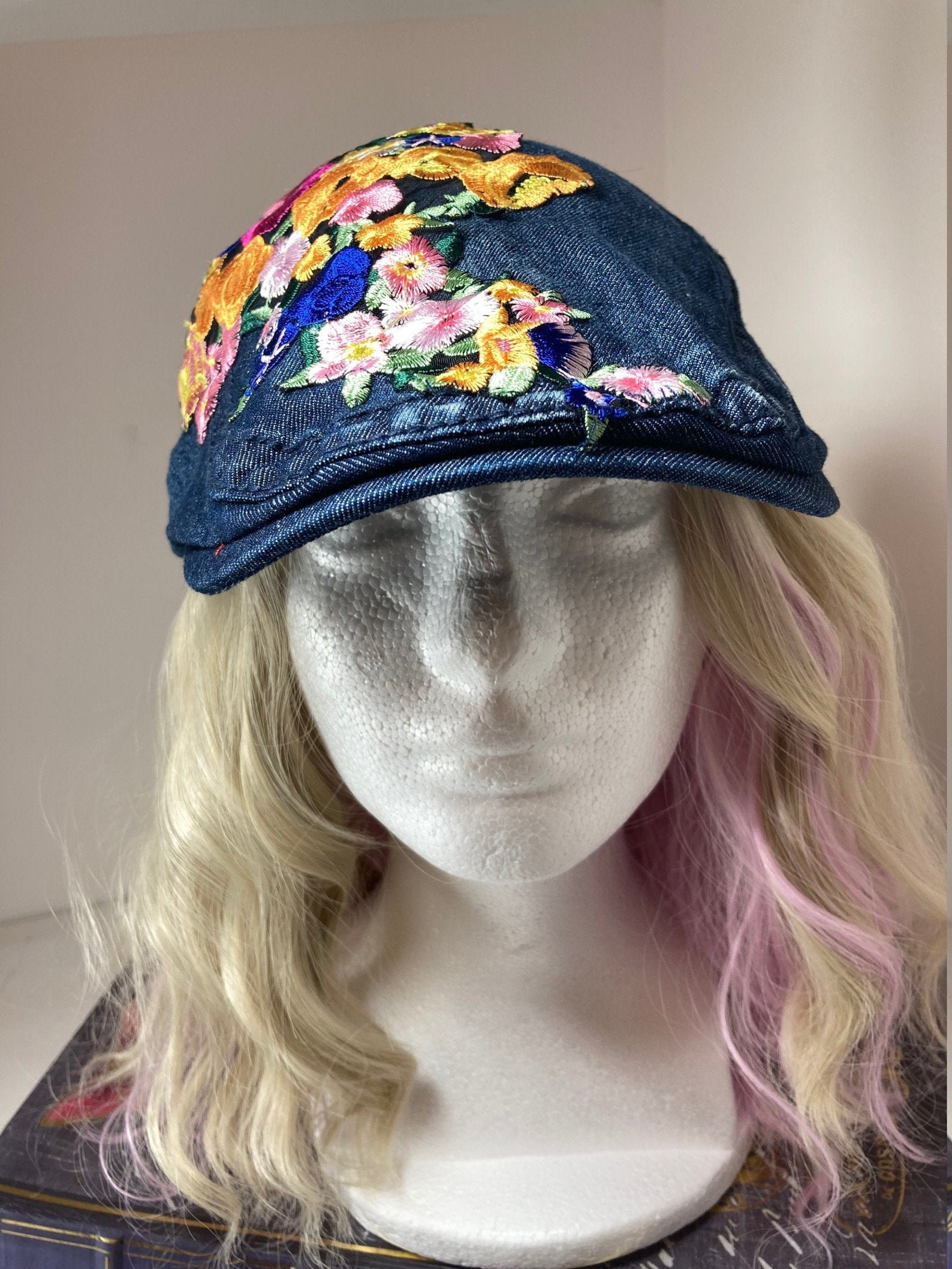 Dark Denim Newsboy Hat Embellished with Multicolor Floral | Etsy