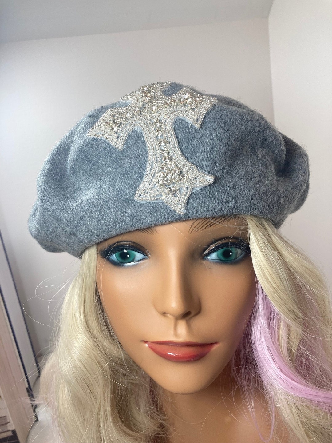 Gray Wool Beret Embellished With White Beaded Cross - Etsy