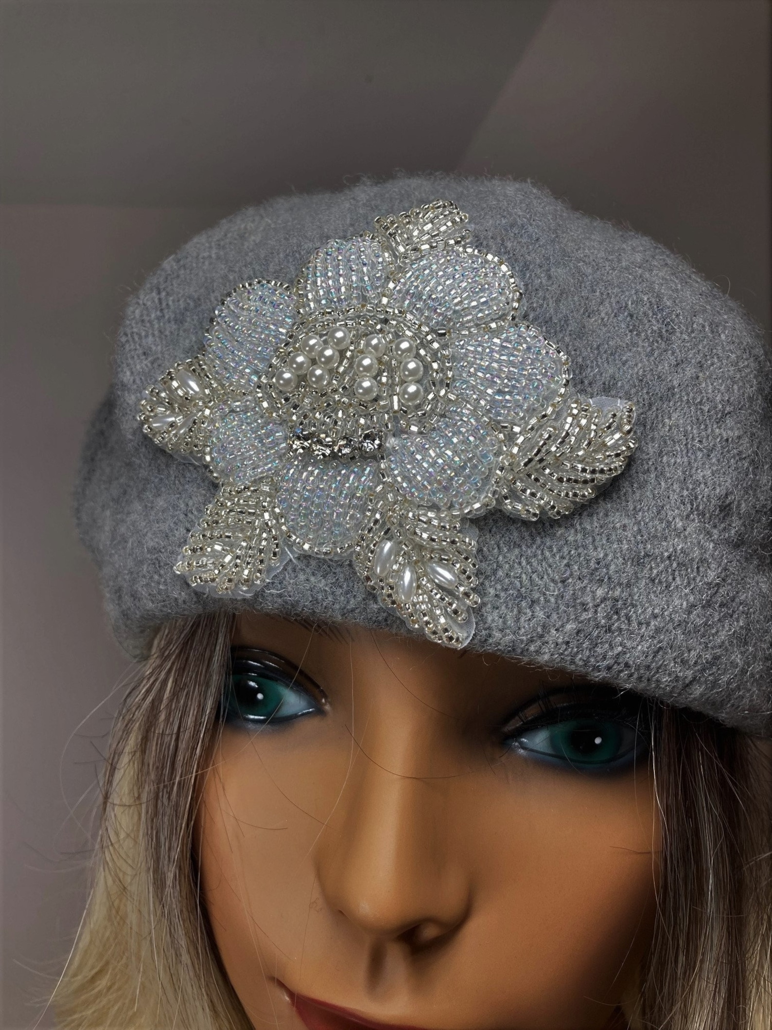 Gray Beret With White Beaded and Jeweled Floral Applique - Etsy