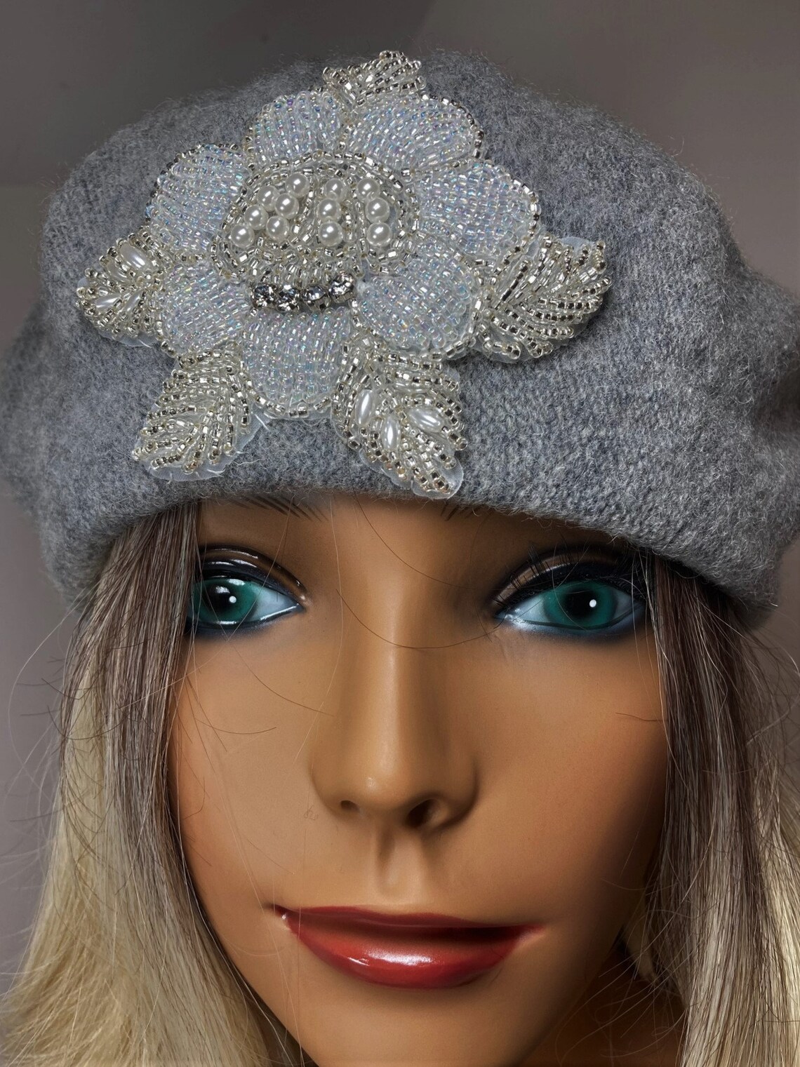 Gray Beret With White Beaded and Jeweled Floral Applique - Etsy
