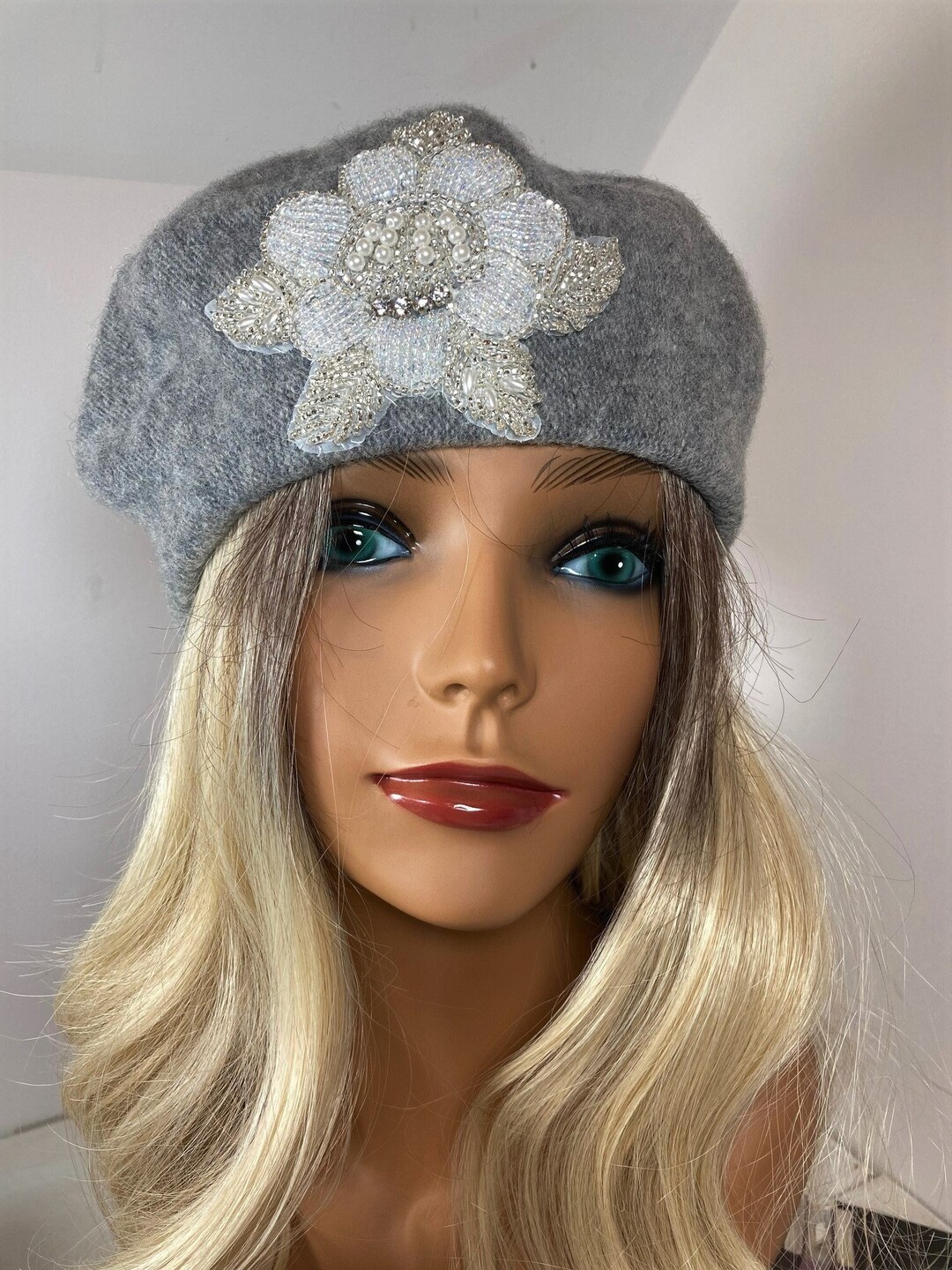 Gray Beret With White Beaded and Jeweled Floral Applique - Etsy