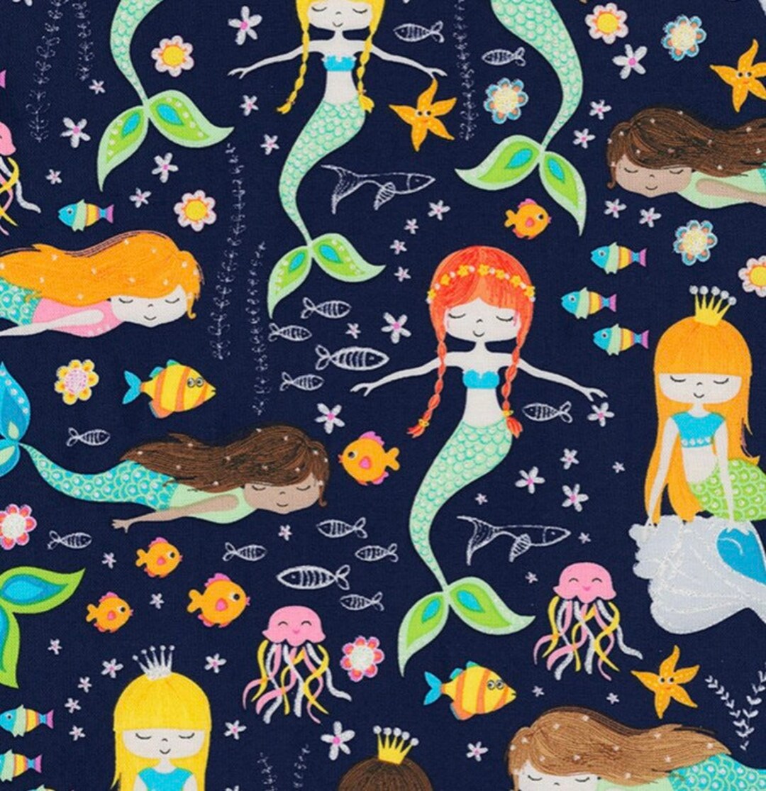 Mermaids Fabric | Mermaid Fabric | Navy Mermaids Fabric | Timeless ...