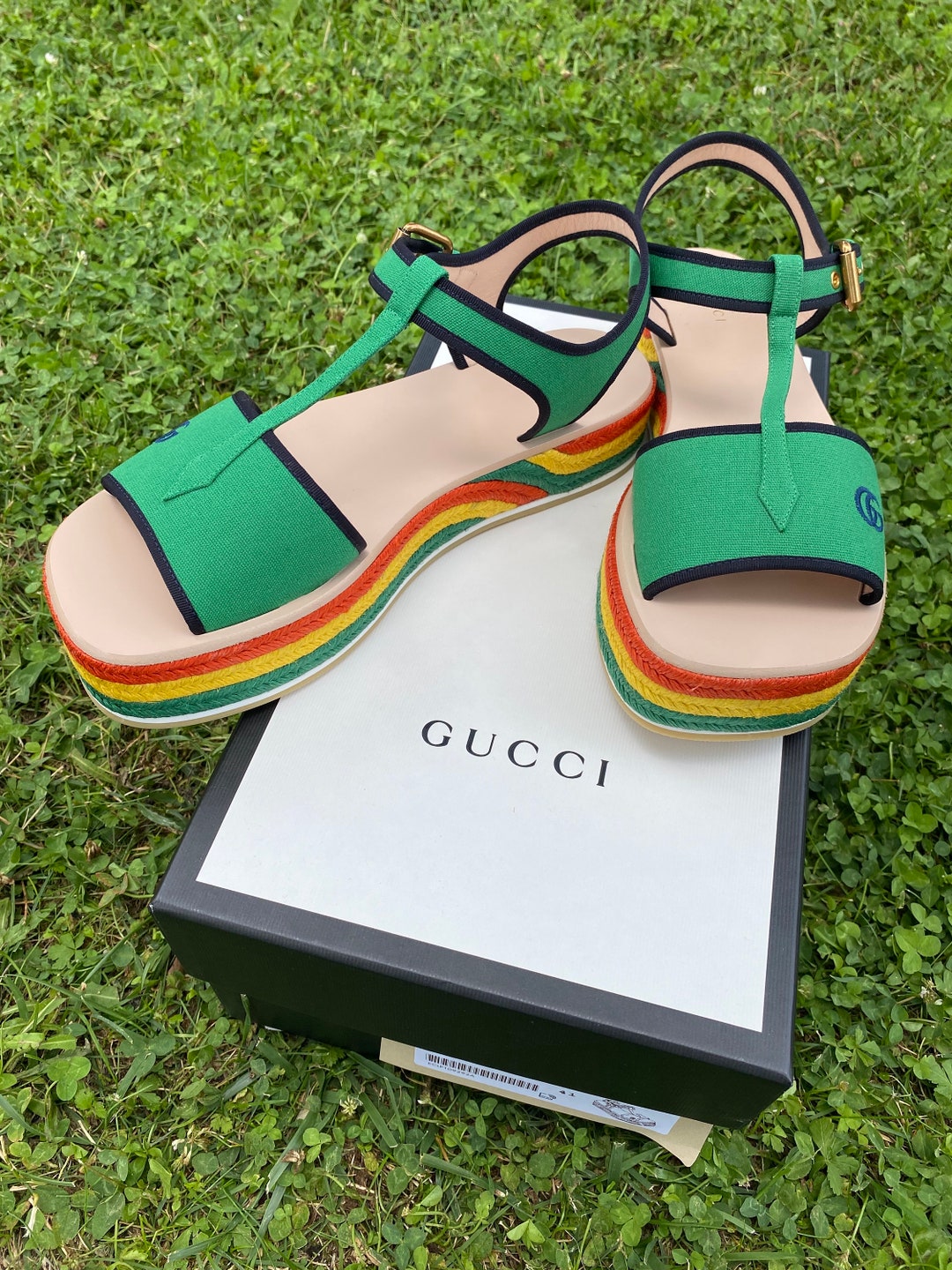 Vintage Gucci Platforms/gucci Rainbow Espadrilles/green Cotton Sandals ...