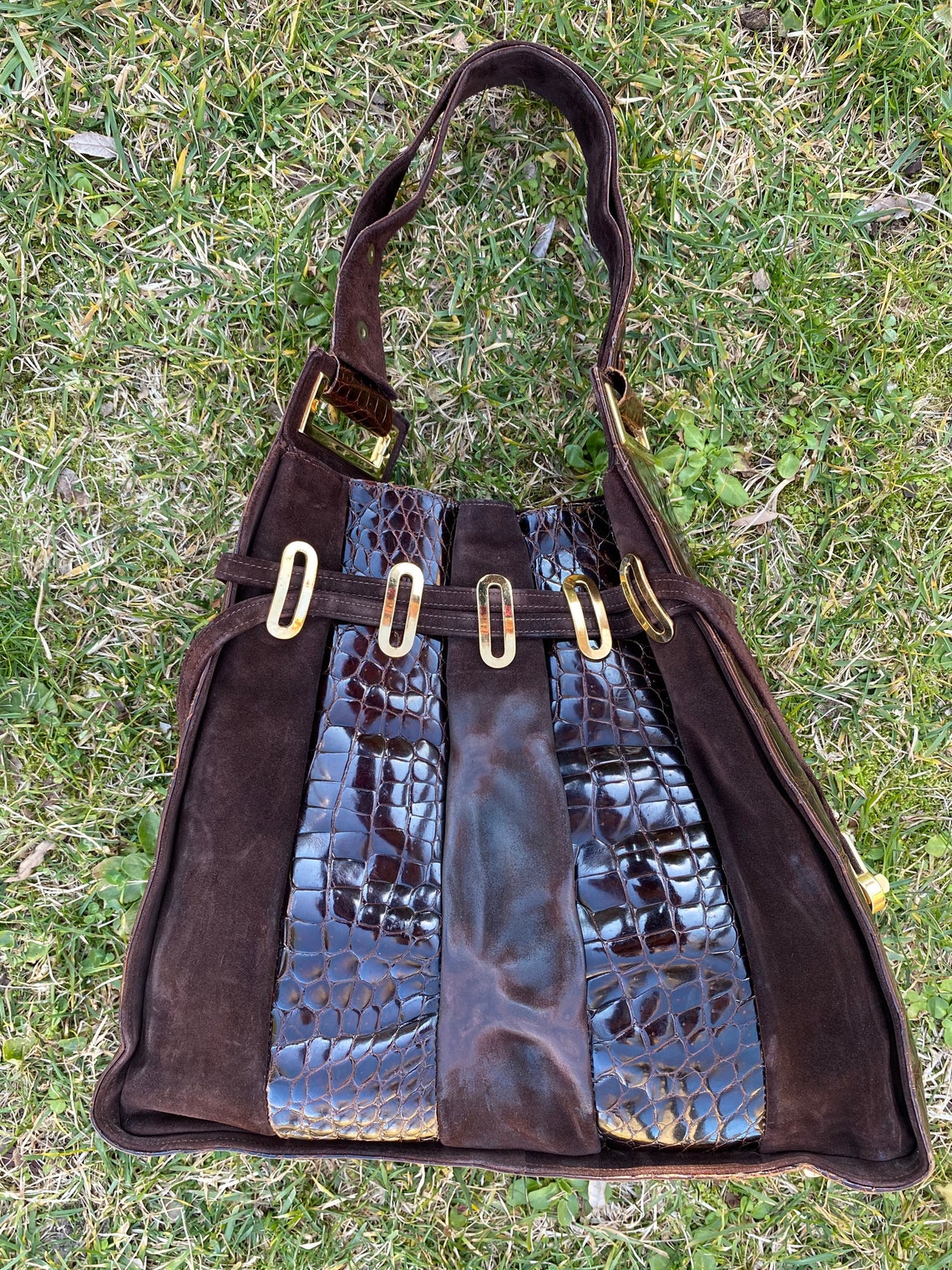 70s Design Bucket Bag Croco Vintage Guido Borelli/brown - Etsy