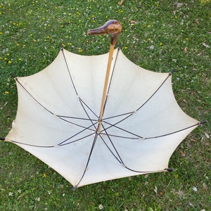 60s Authentic Vintage Umbrella Parasol Duck Handle/beige Umbrella Linen ...
