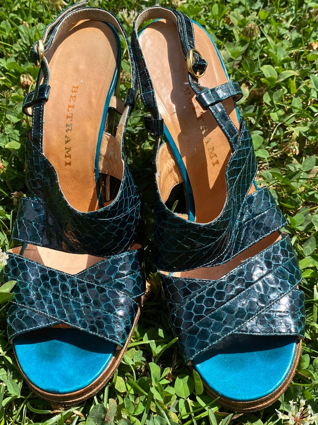 80s Vintage Sandals Platform Design Beltrami/leather Python Green ...