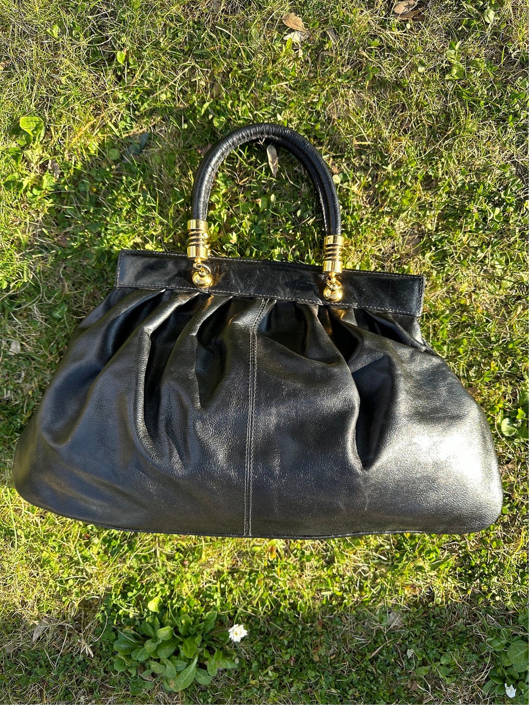 60s Vintage Bag Design Italy/black Bag Leather/60s Vintage Handbag ...