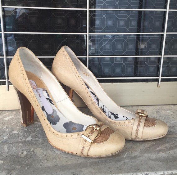 90s décolleté vintage/Design beige décolleté/Leather … - Gem