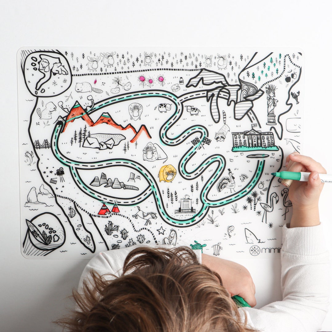 Reusable Coloring Mat & Dry-erase Markers Bundle USA Map, Silicone Mat ...