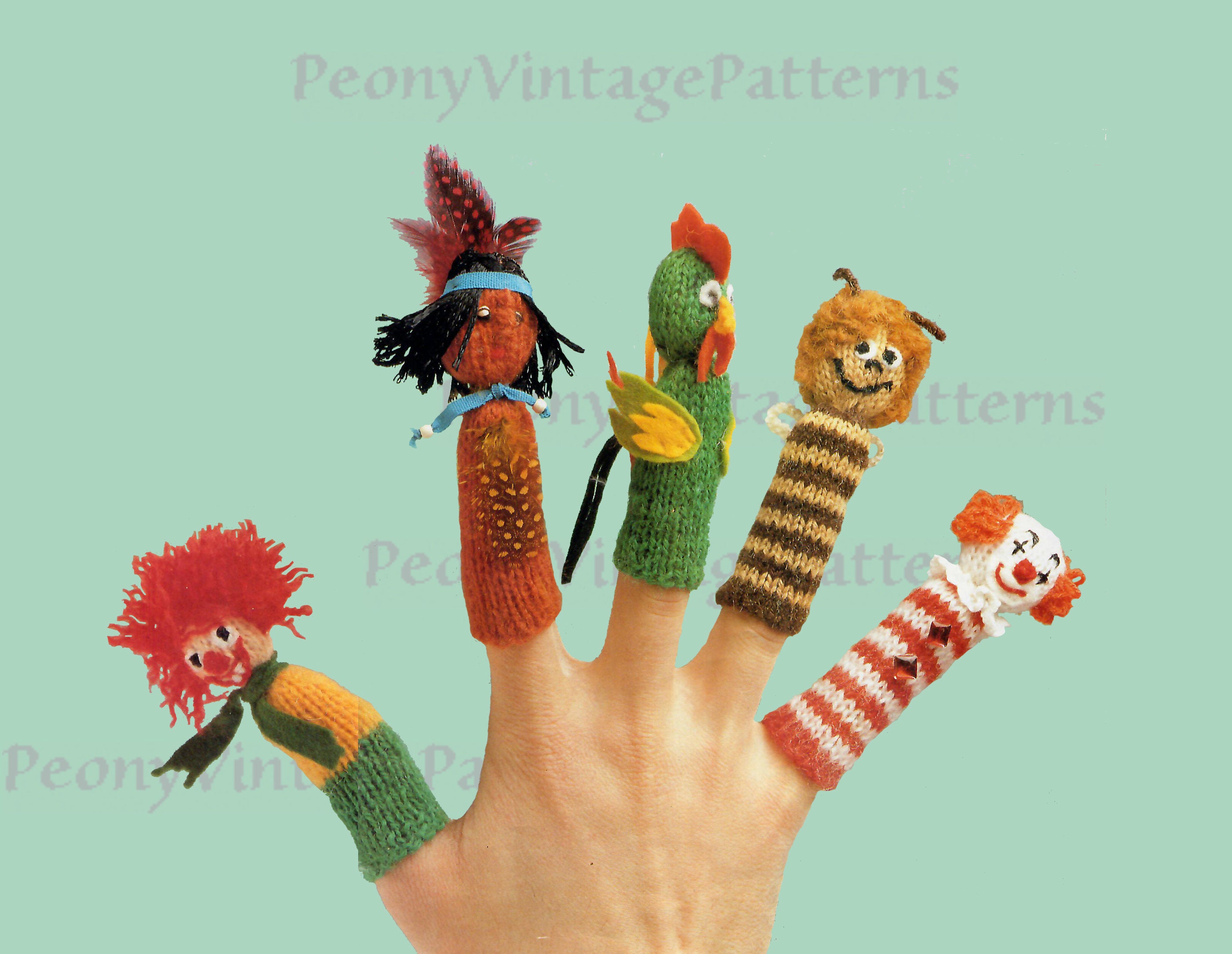 Vintage Jolly Clown, Indian, Bumble Bee, Leprechaun, Rooster Finger ...