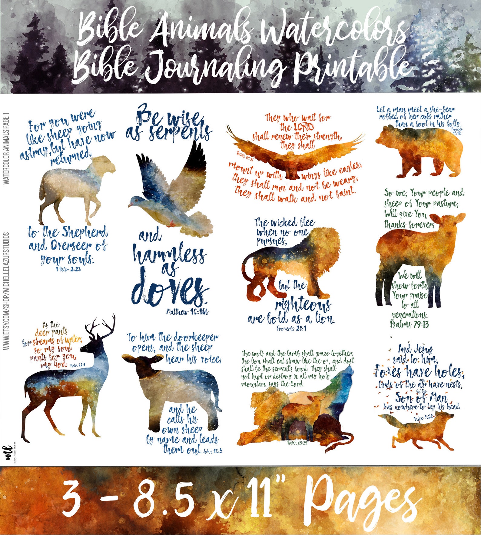 Animals and Verses Bible Journaling Set | Watercolor Animals & Crosses ...
