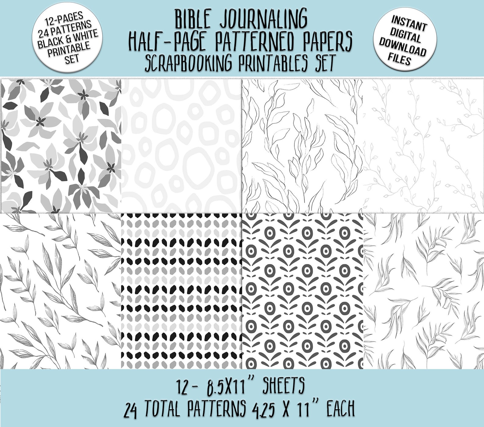 Black and White Scrapbooking Papers Backgrounds Set 12 Pages - Etsy