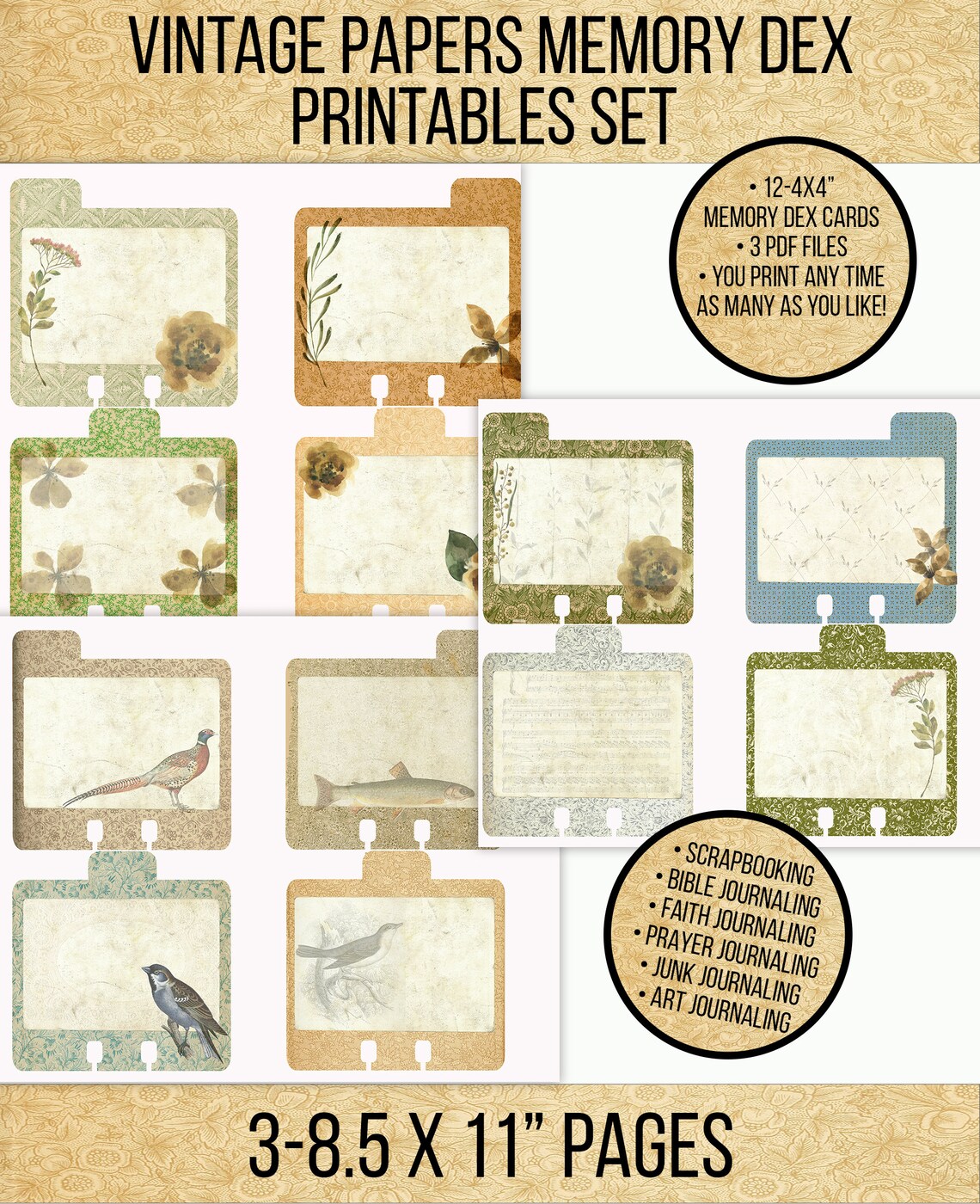 Vintage Papers Memory Dex Set | 12 Started Mem Dex Cards Vintage Themed ...