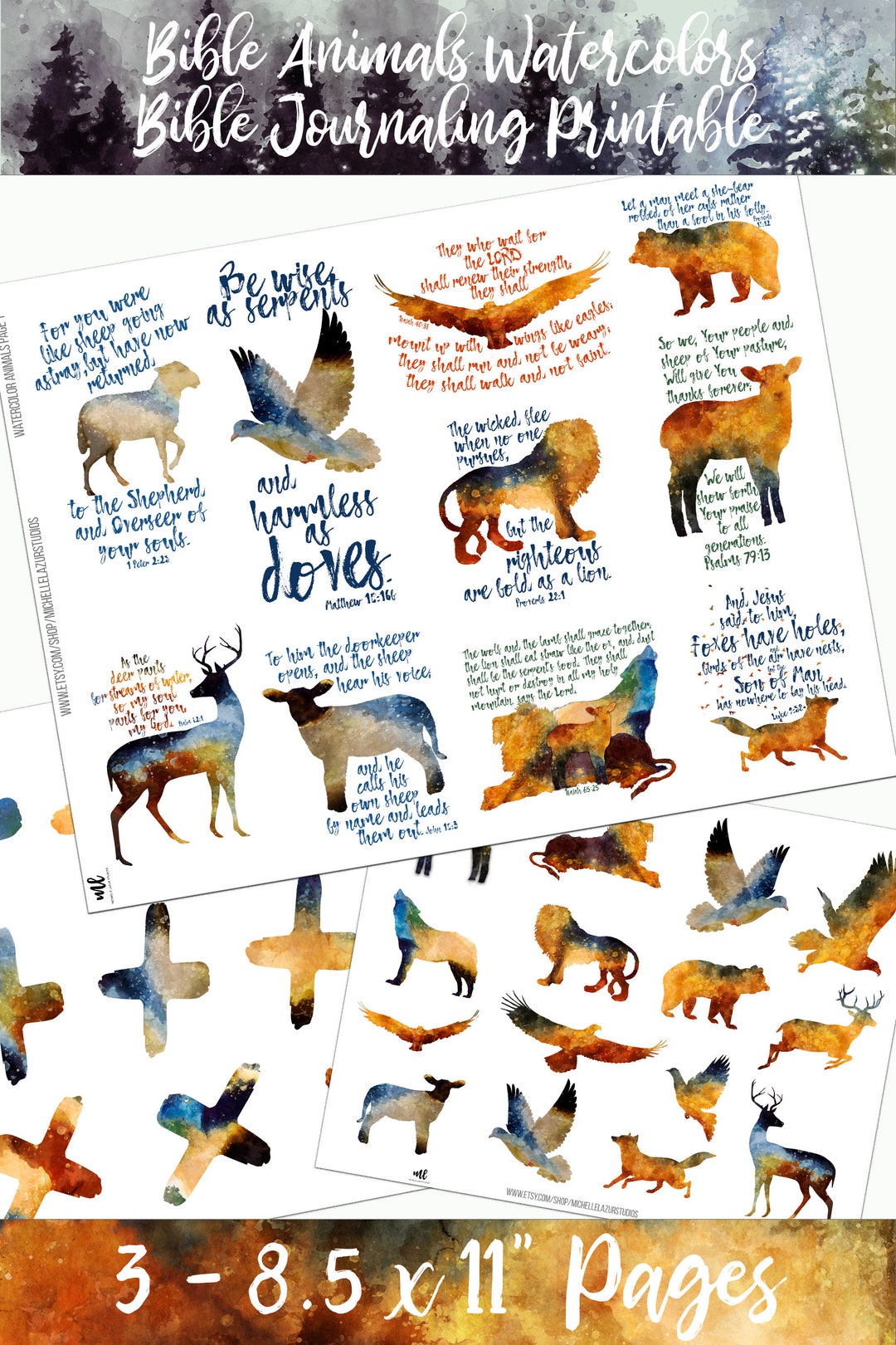 Animals and Verses Bible Journaling Set | Watercolor Animals & Crosses ...