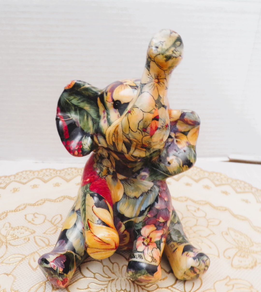 Vintage Decoupage Ceramic Baby Elephant Sitting Figurine Trunk up ...
