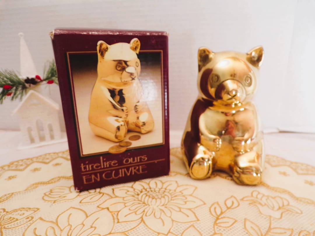 Vintage Brass Teddy Bear Coin Bank, High Gloss Brass Shine, Bear Piggy ...