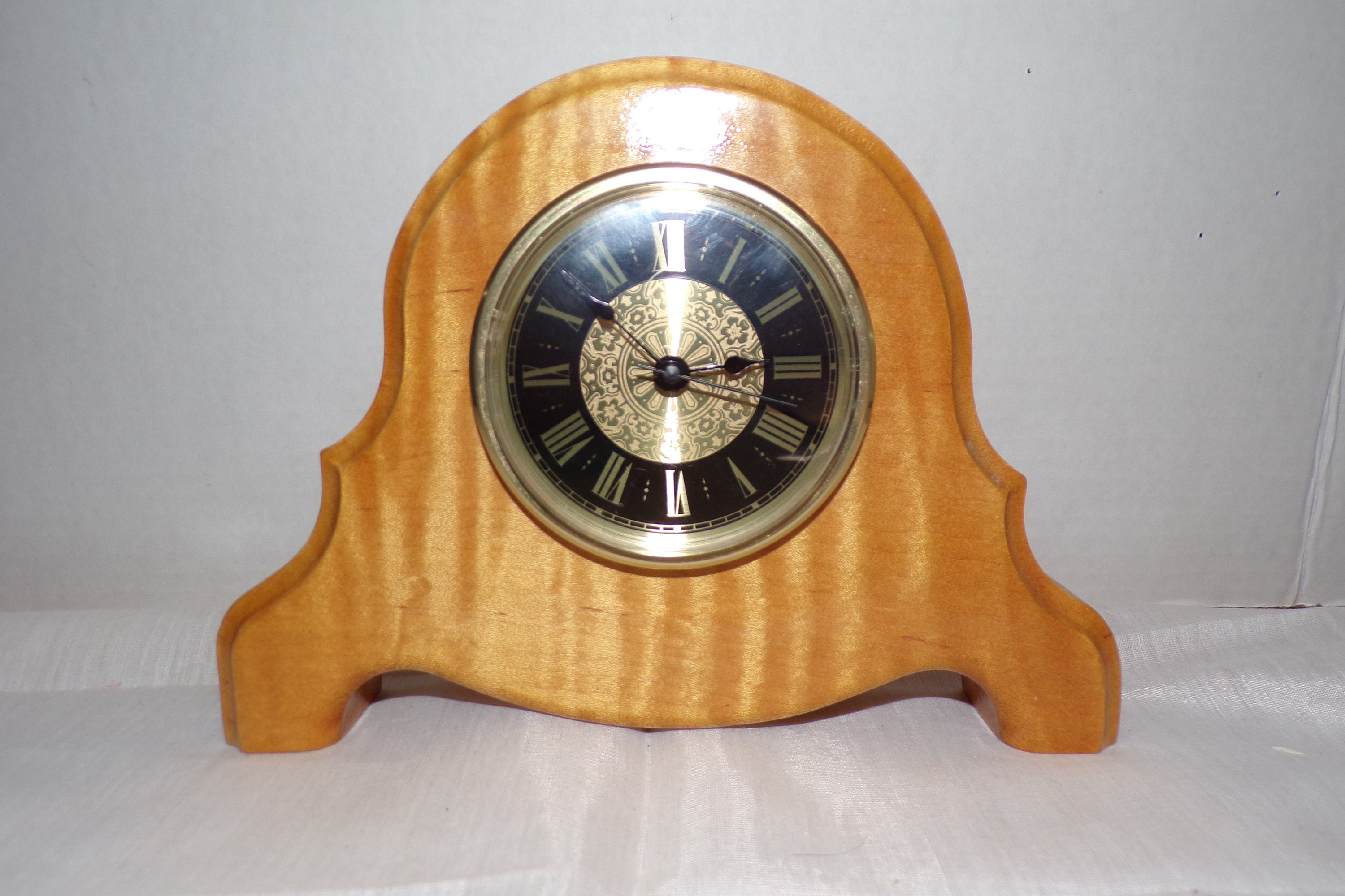 Maple Tiger Stripe Wood Mantel Quartz Clock Tambour Style With Roman ...
