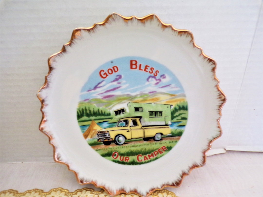 Vintage Humorous "god Bless Our Camper" Wall Plate 6 1/4" Round Gold ...