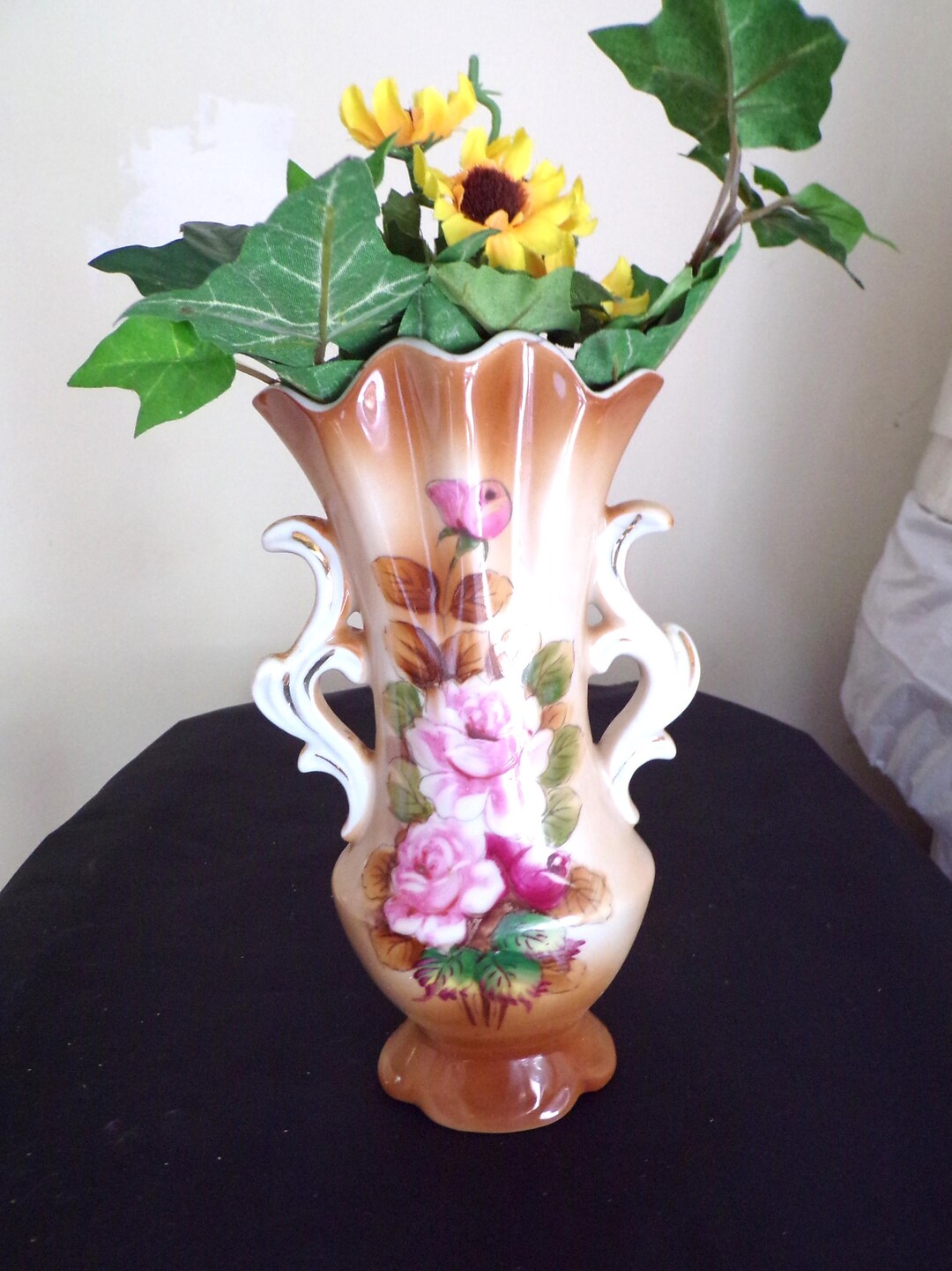 Vintage Flower Vase Hand Painted Pink Rose Porcelain Scalloped Top ...