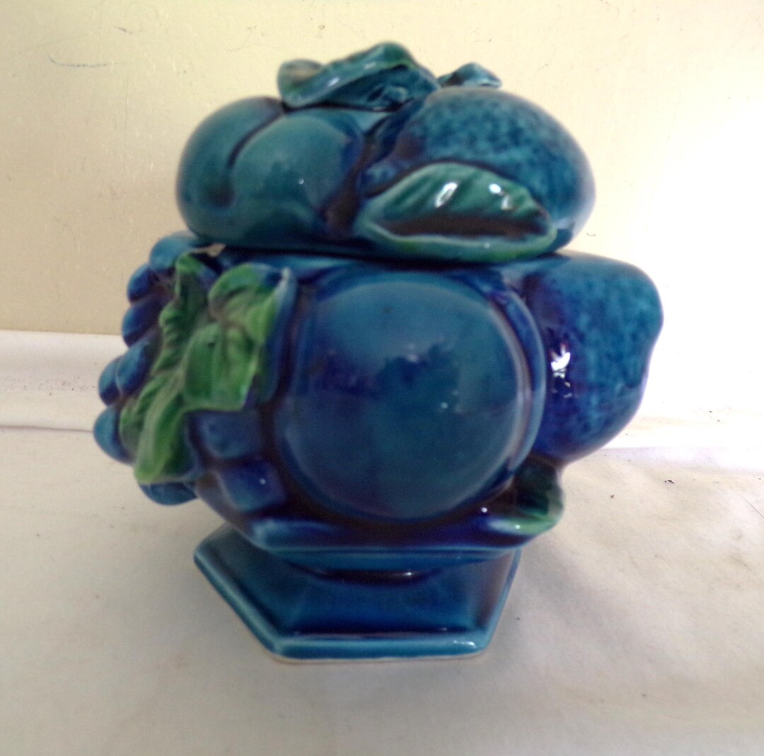 Vintage Inarco Mood Indigo Blue Fruit Sugar Bowl Condiment Jar W Cover ...