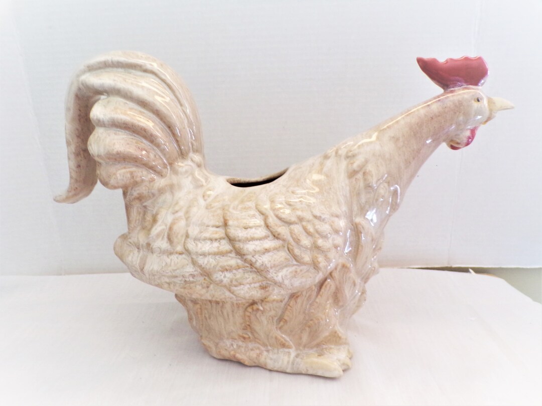 Vintage Rooster Figurine Watering Pitcher, Cream and Beige Marble Swirl ...