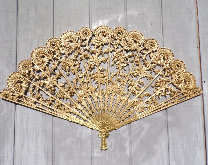 Vintage Hollywood Regency Gold Gilt XL 43" X 26" Wall Fan by Burwood ...