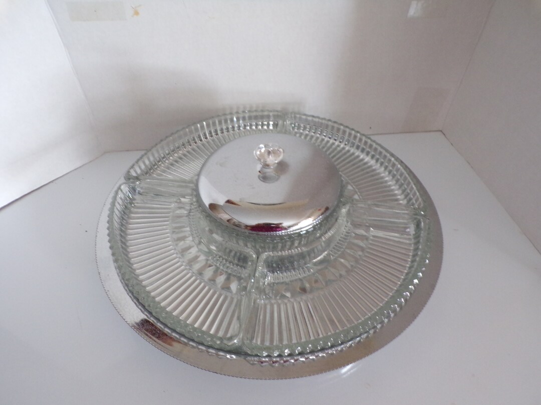 Vogue Kromex Glass Chrome Lazy Susan Serving Dish Relish Tray, 14 Round ...