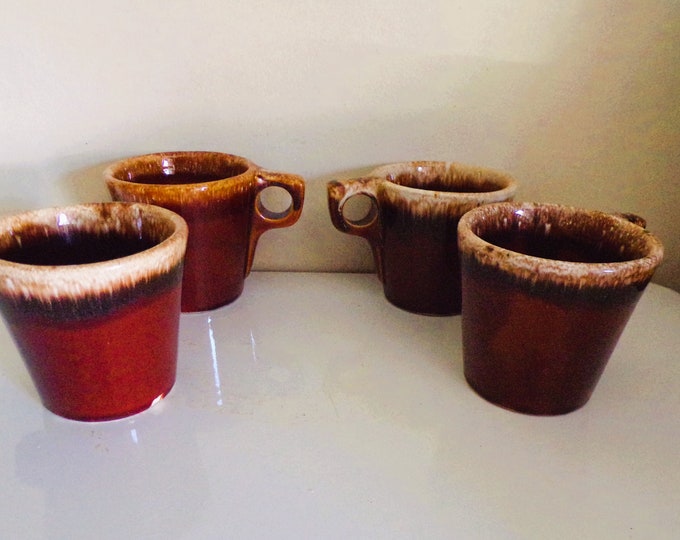 Vintage Set of 4 Drip Hull Pottery Cups Mirror Brown Glaze Redware Coffee Tea Cups Hull Oven ...