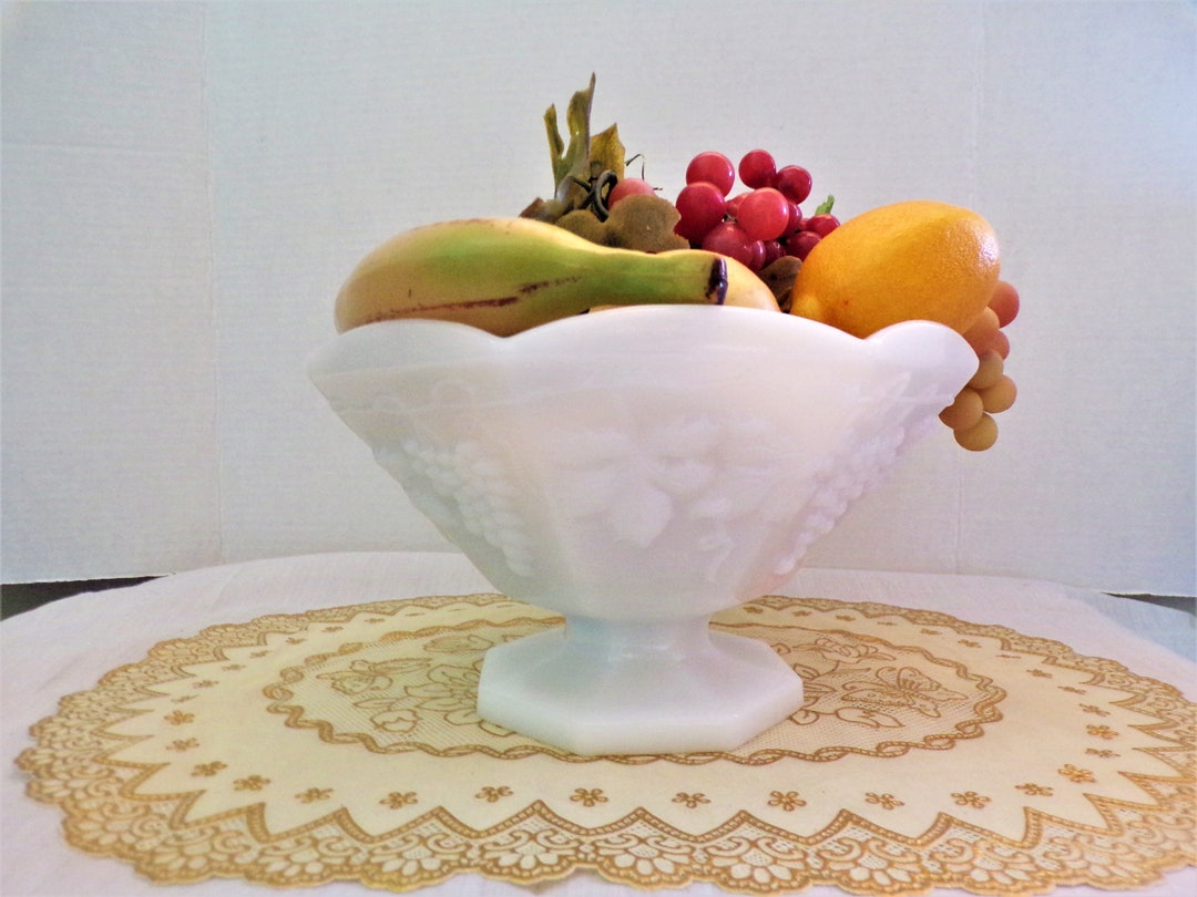 Vintage Milk White Compote Bowl Embossed With Grape Motif, Paneled ...