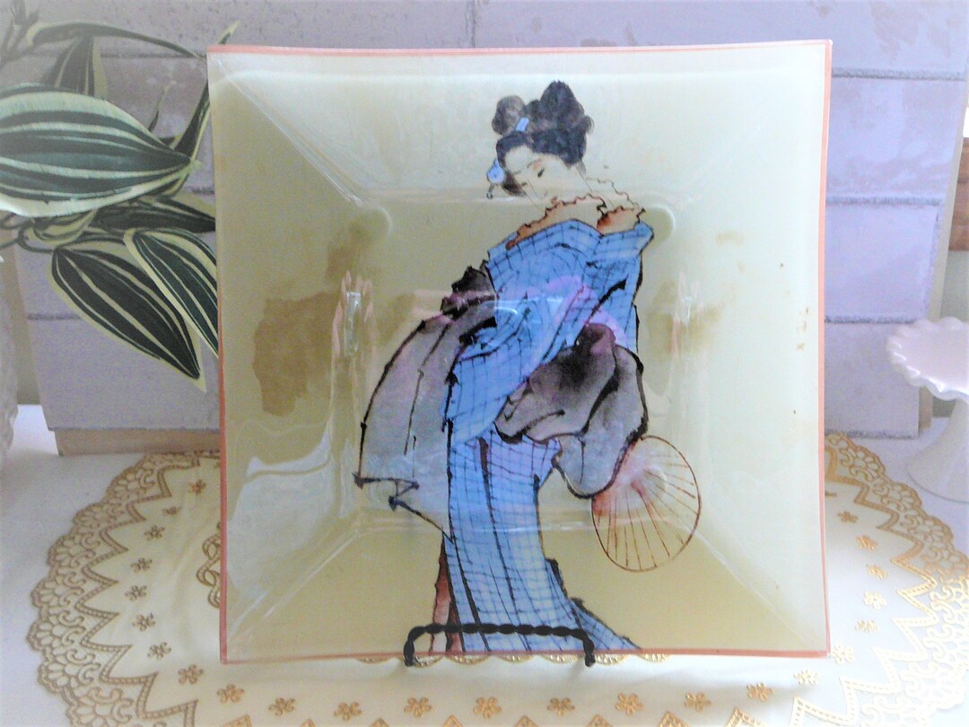 Vintage Japanese Sushi or Dessert Plate, Glass Hand Painted Josei Girl ...