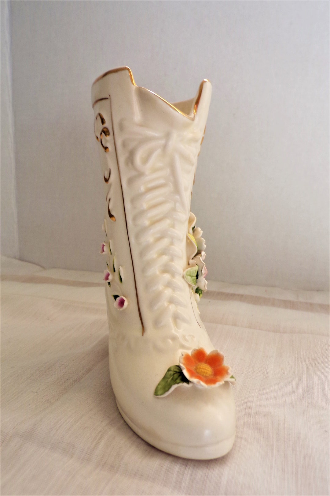 Vintage Victorian Lace-up Ceramic High-top Boot Vase, Hand Painted ...