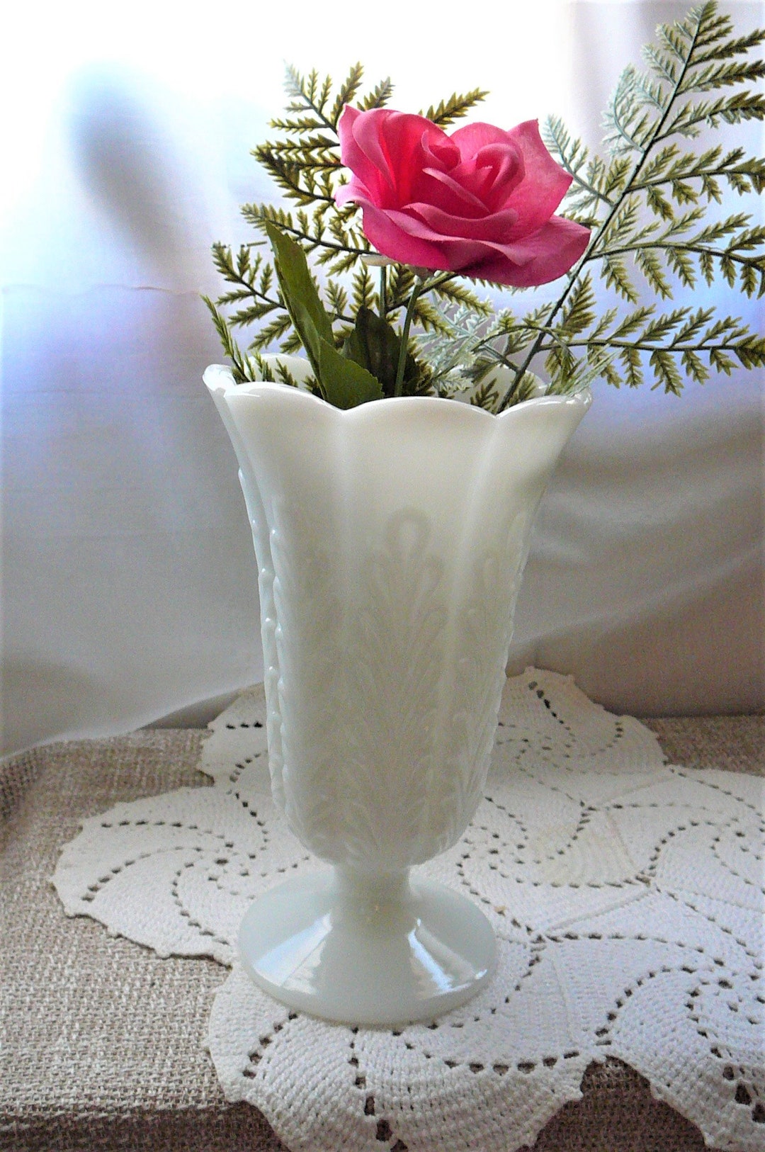 Milk Glass Footed Vase 9" Tall Embossed Fern Leaf Motif Flower Vase ...