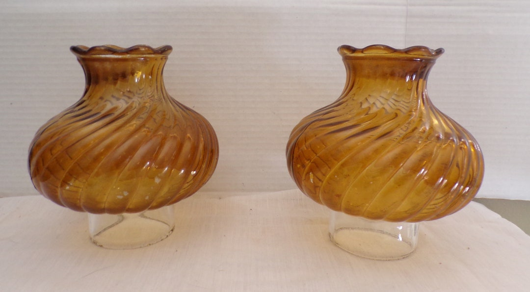 Glass Lamp Shades Amber Colored Swirls With Crimped Top , 3 Inch Fitter ...