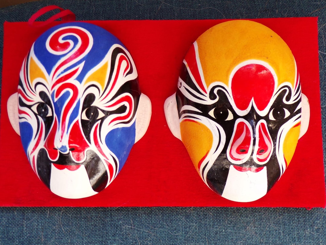 Chinese Opera Masks Wall Art Ceramic Clay on Red Velvet Cardboard With ...