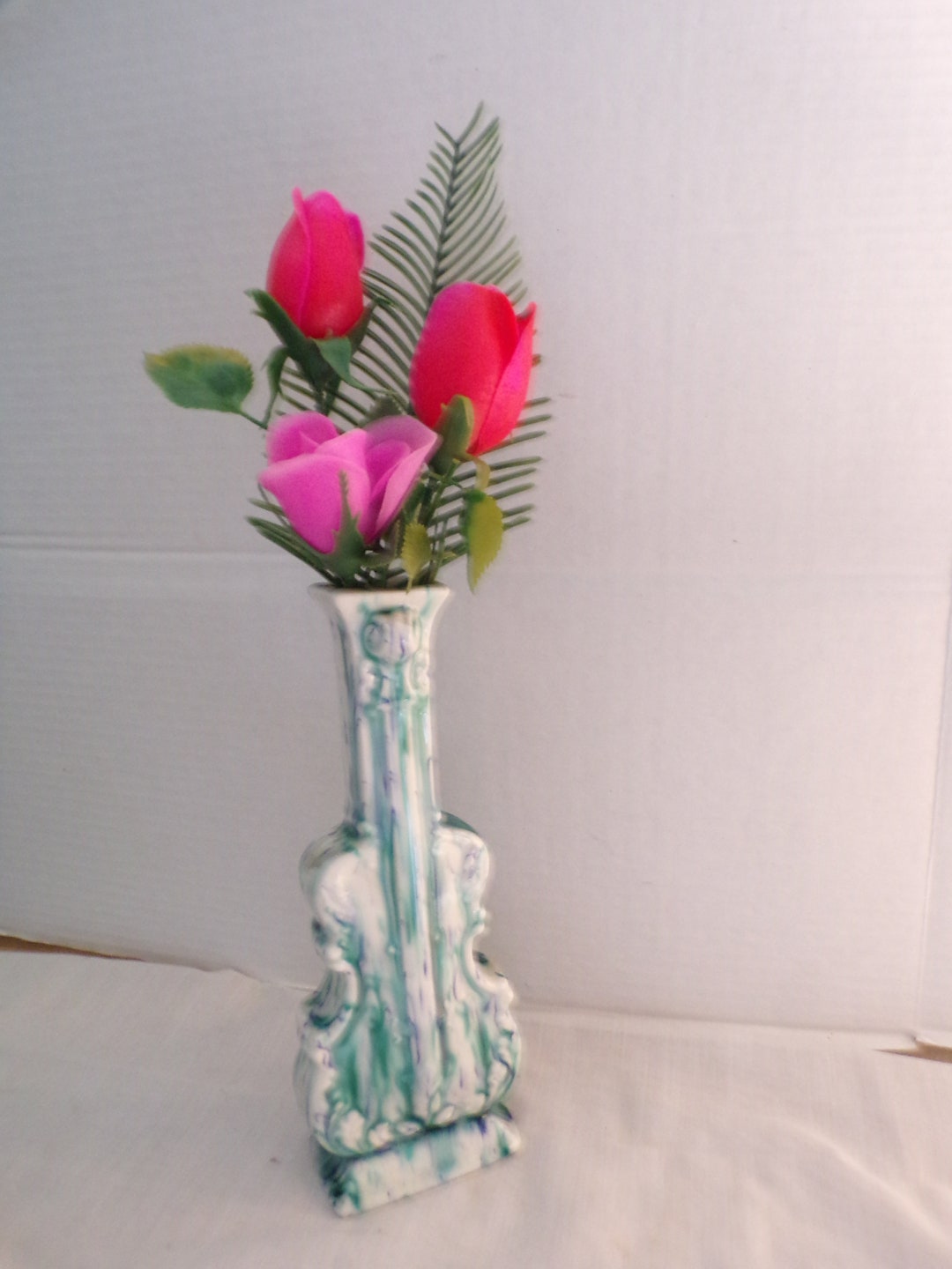 Vintage Victorian Ceramic Cello Flower Vase 9 Tall Seafoam Green and ...