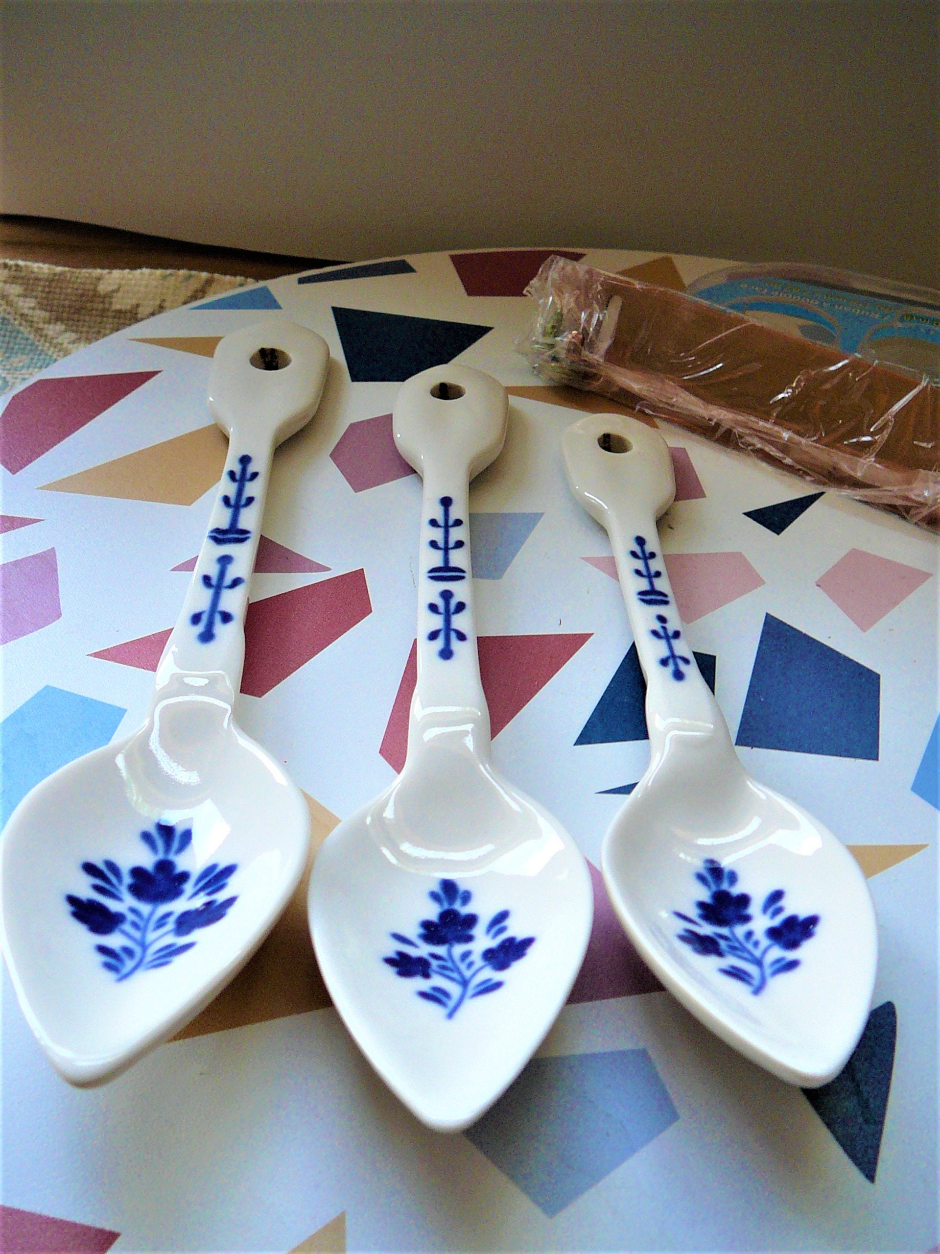 Vintage Stoneware Hand Decorated Spoon Set With Copper Hanger Rack - Etsy