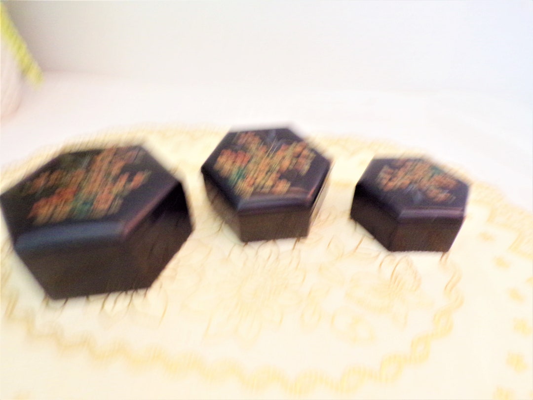 Vintage Octagon Shaped Plastic Nesting Trinket Boxes, Oriental Flower ...