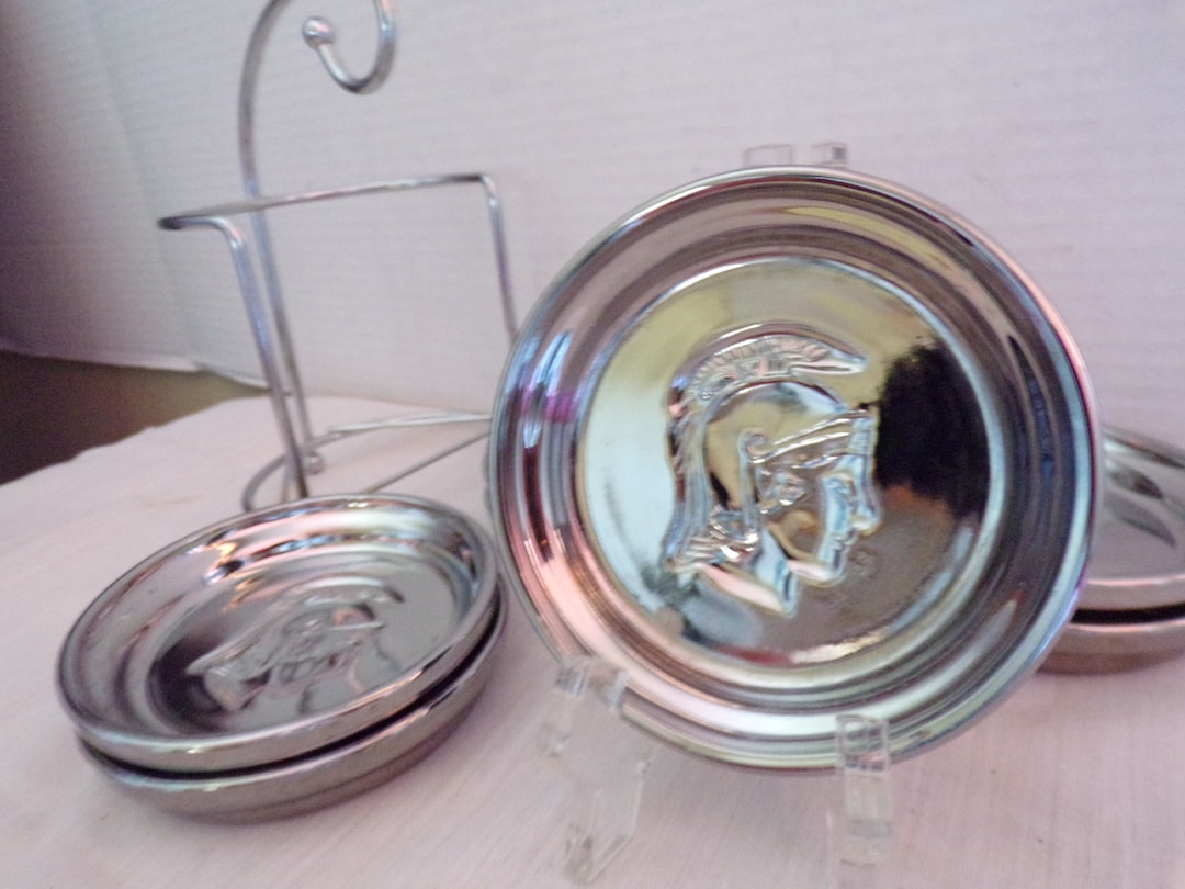 Vitreon Queen’s Lusterware Silver Glass Coasters With Greek Military ...