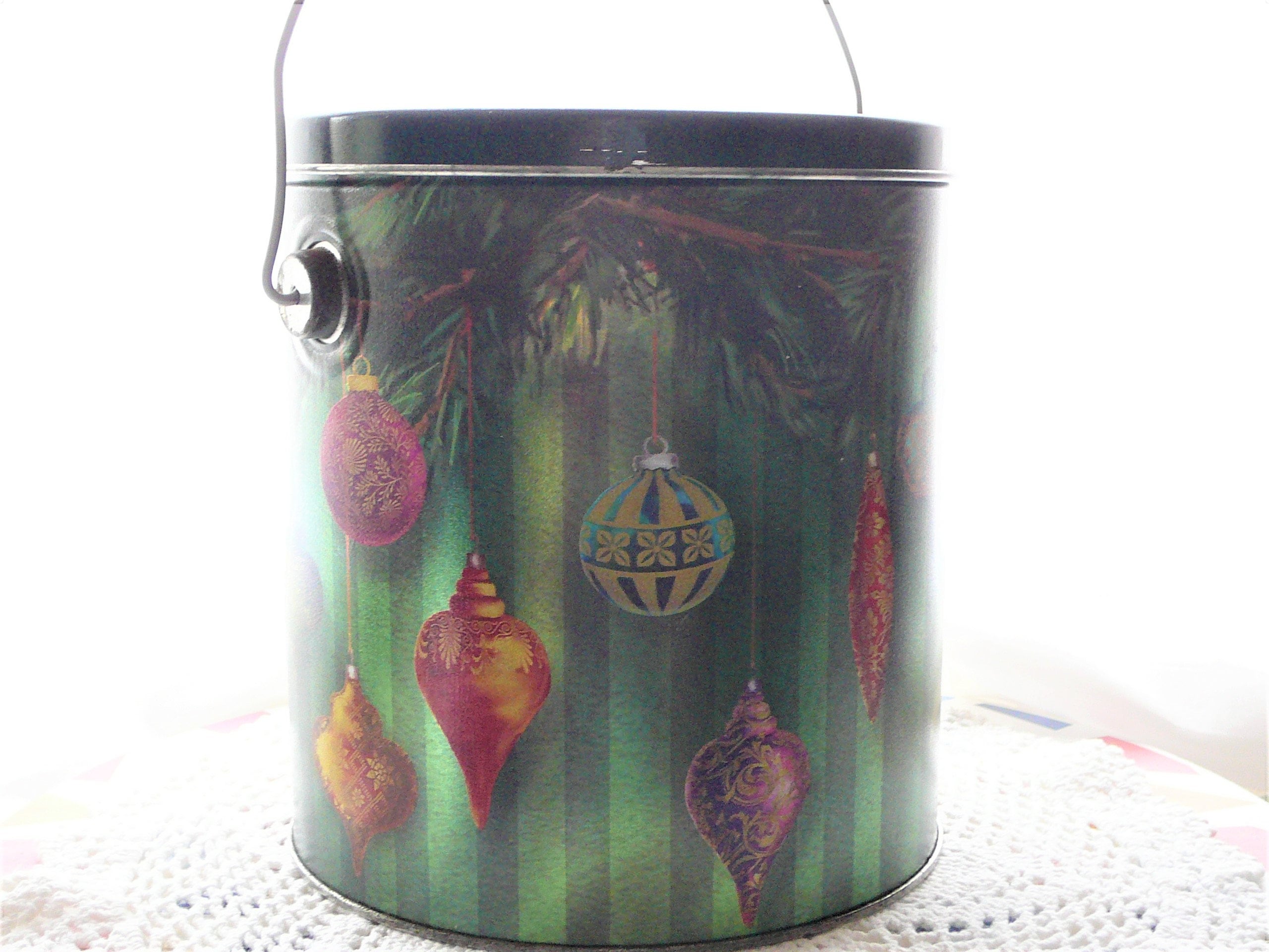 Vintage Round Tin Pail With Handle Christmas Tree Ornament Design - Etsy