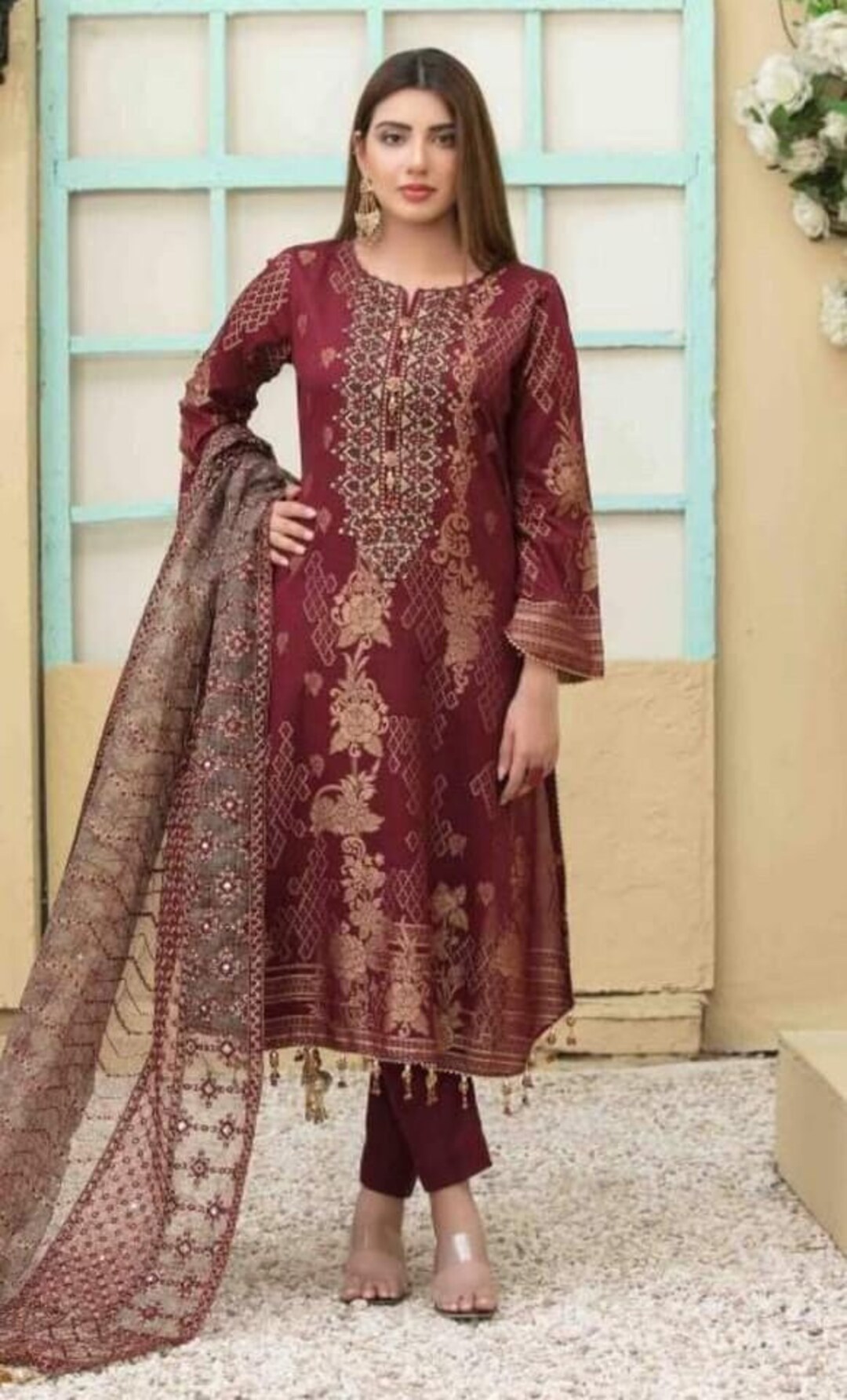 Maroon Embroidered Lawn Jacquard Salwar Kameez With Organza Dupatta - Etsy