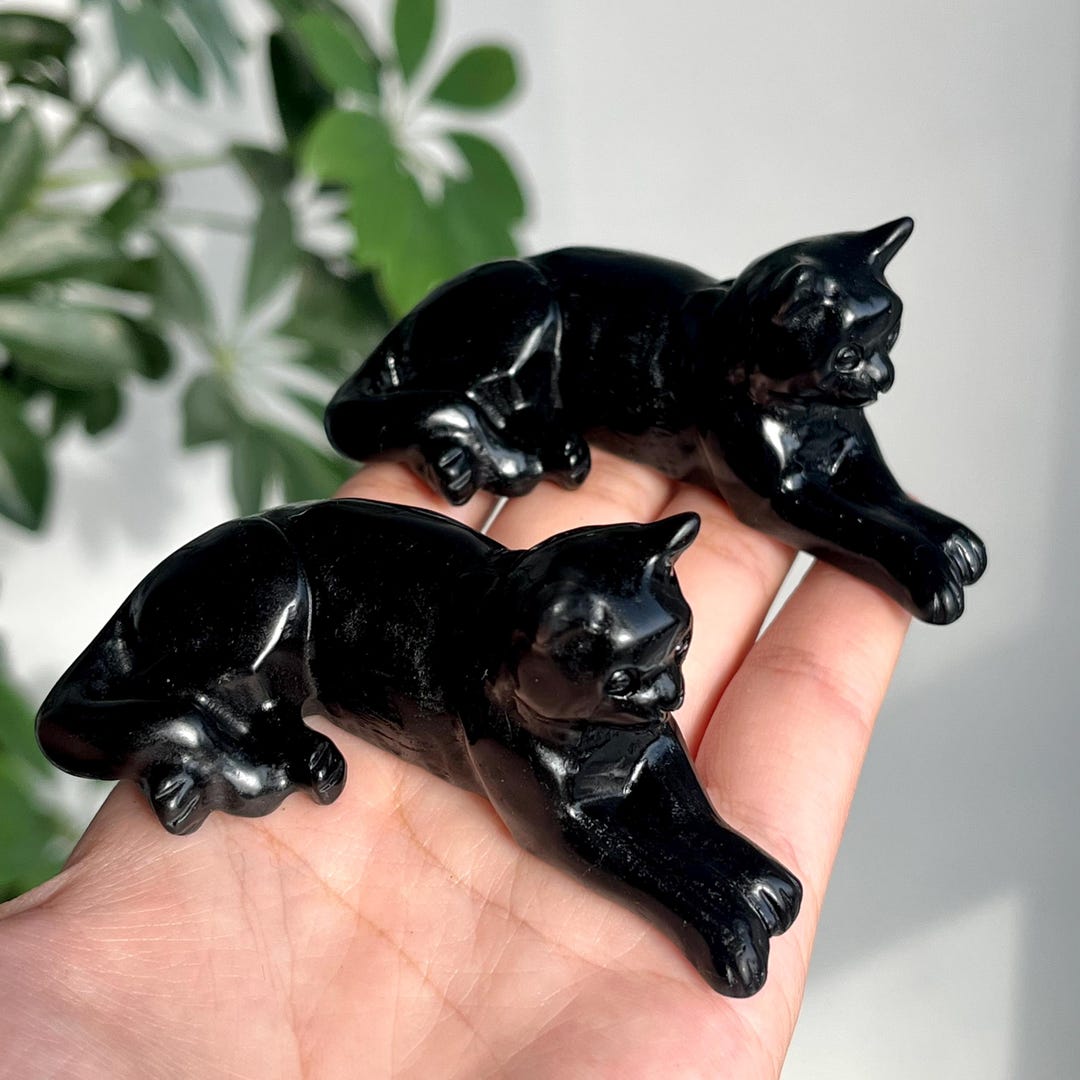 Natural Obsidian Carved Cat, Sleeping Cat, Crystal Cat Figurine ...