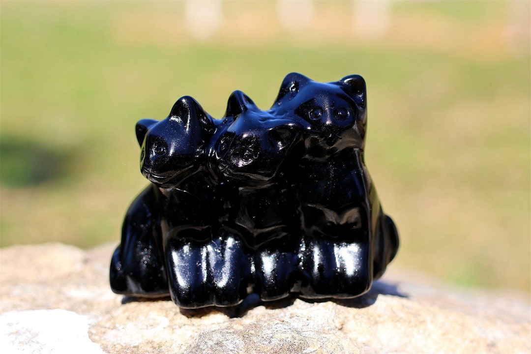 2.3" Natural Obsidian Cat,quartz Crystal Carved Cat,obsidian Three Cats ...